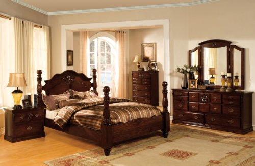 Furniture of America Scarlette Classic Four Poster Bed, Queen, Glossy Dark Pine