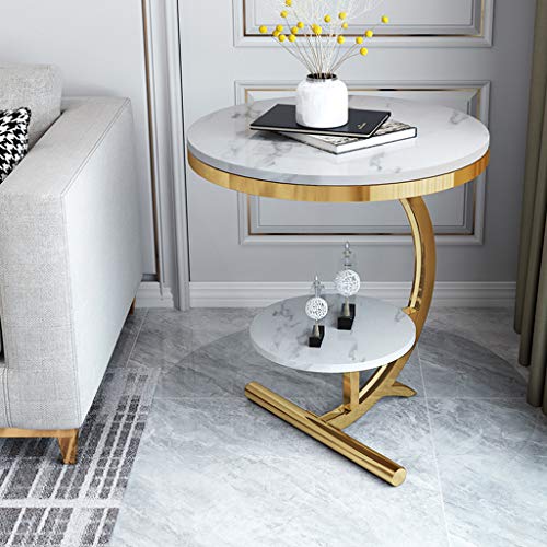 Articles for daily use C Shaped Marble Double Layer Coffee Table Bedside Table, Living Room Bedroom Office Coffee Table Sofa Round Table Snack Table