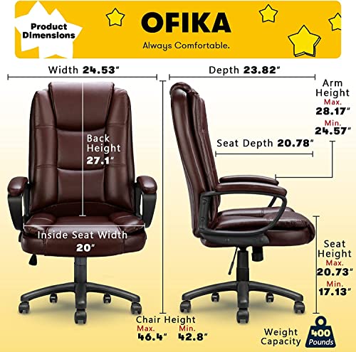 OFIKA Home Office Chair, Comfortable Heavy Duty Design, Ergonomic High Back Cushion Lumbar Back Support, Computer Desk Chair, Big and Tall Chair, Adjustable Executive Leather Chair with Arms (Brown)