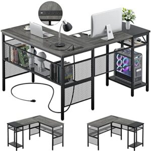 unikito l shaped computer desk with usb charging port and power outlet, reversible l-shaped corner desk with storage shelves, industrial 2 person long gaming table modern home office desk, black oak