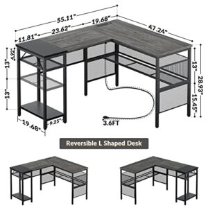 Unikito L Shaped Computer Desk with USB Charging Port and Power Outlet, Reversible L-Shaped Corner Desk with Storage Shelves, Industrial 2 Person Long Gaming Table Modern Home Office Desk, Black Oak