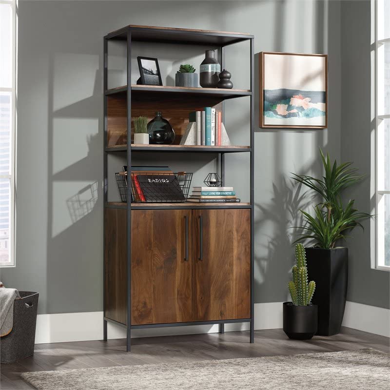 Sauder Nova Loft Bookcase with Doors, L: 33.07" x W: 17.32" x H: 75.98", Grand Walnut Finish