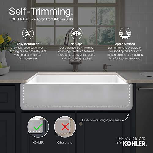 KOHLER K-5827-0 Whitehaven Farmhouse Self-Trimming Undermount Single-Bowl Sink with Tall Apron, White 9.63 x 21.56 x 32.69 inches