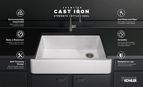 KOHLER K-5827-0 Whitehaven Farmhouse Self-Trimming Undermount Single-Bowl Sink with Tall Apron, White 9.63 x 21.56 x 32.69 inches