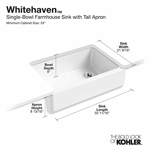 KOHLER K-5827-0 Whitehaven Farmhouse Self-Trimming Undermount Single-Bowl Sink with Tall Apron, White 9.63 x 21.56 x 32.69 inches