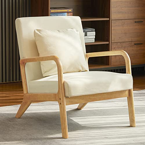 ELUCHANG Mid-Century Modern Chair,Accent Chair with Lumbar Pillow,Upholstered Armchair,Linen Fabric Comfy Reading Chair, Lounge Side Chair for Living Room Bedroom Apartment,Easy Assembly