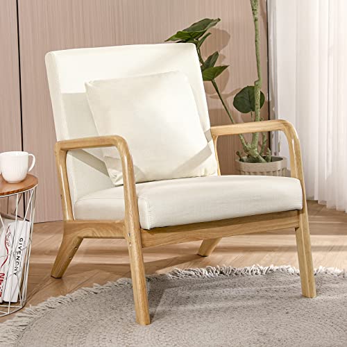 ELUCHANG Mid-Century Modern Chair,Accent Chair with Lumbar Pillow,Upholstered Armchair,Linen Fabric Comfy Reading Chair, Lounge Side Chair for Living Room Bedroom Apartment,Easy Assembly