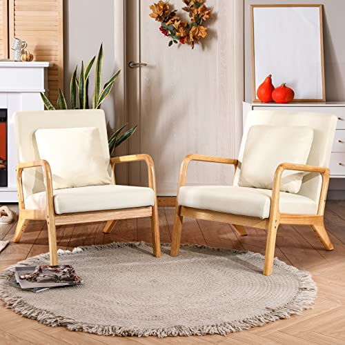 ELUCHANG Mid-Century Modern Chair,Accent Chair with Lumbar Pillow,Upholstered Armchair,Linen Fabric Comfy Reading Chair, Lounge Side Chair for Living Room Bedroom Apartment,Easy Assembly