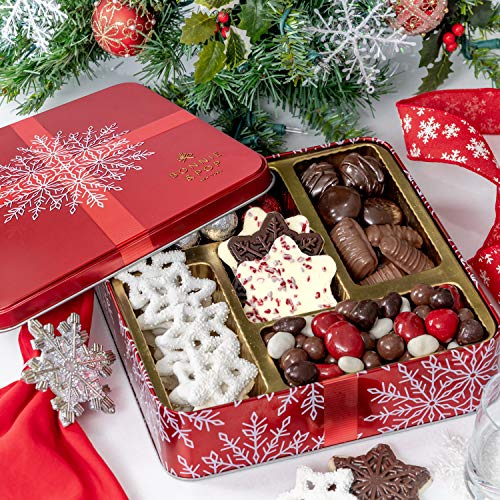 Bonnie and Pop's Holiday Tin- with Assorted Christmas Chocolate, Nuts, Bark, Truffles – Festive, Corporate, Family, Gift Basket Idea for Men and Women