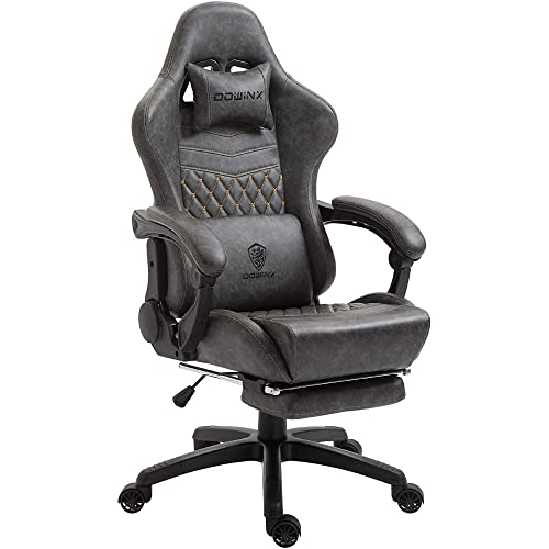 Dowinx Gaming Chair Office Chair PC Chair with Massage Lumbar Support, Vintage Style PU Leather High Back Adjustable Swivel Task Chair with Footrest (Light Grey)