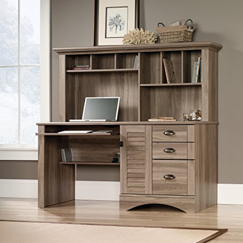 Sauder Harbor View Computer Desk with Hutch, Salt Oak Finish & Sauder Select Collection 3-Shelf Bookcase, Salt Oak Finish