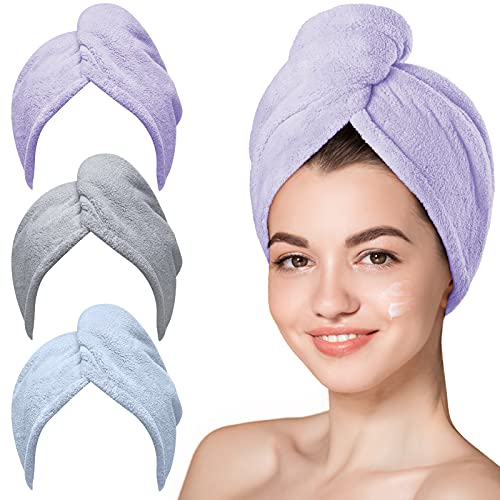 Hicober Microfiber Hair Towel, 3 Packs Hair Turbans for Wet Hair, Drying Hair Wrap Towels for Curly Hair Women Anti Frizz(Purple,Blue,Grey)