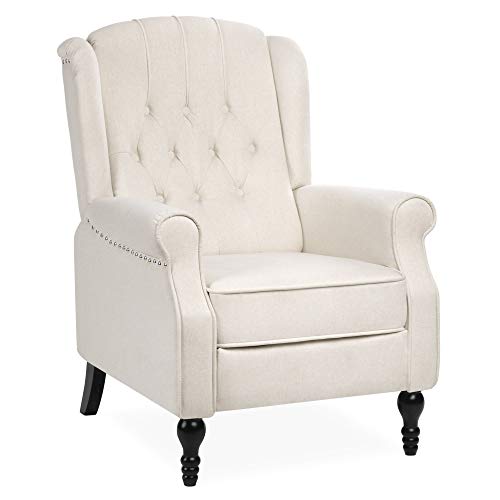 Best Choice Products Tufted Upholstered Wingback Push Back Recliner Armchair for Living Room, Bedroom, Home Theater Seating w/Padded Seat and Backrest, Nailhead Trim, Wooden Legs, Beige