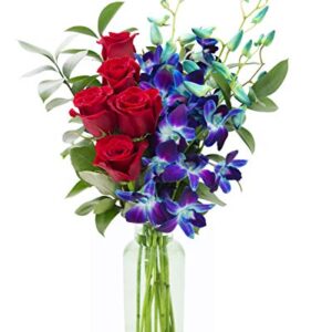 KaBloom Sapphire Red Bouquet of Fresh Red Roses and Exotic Blue Orchids with Vase