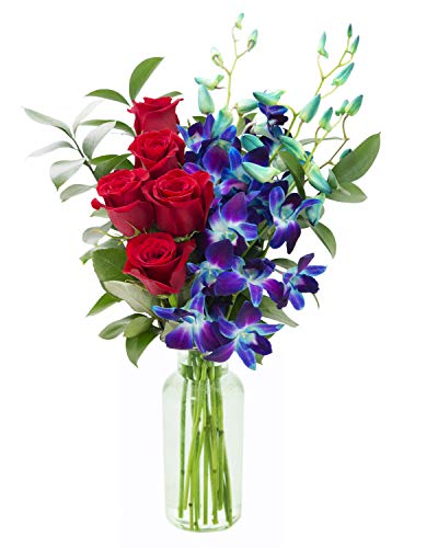 KaBloom Sapphire Red Bouquet of Fresh Red Roses and Exotic Blue Orchids with Vase