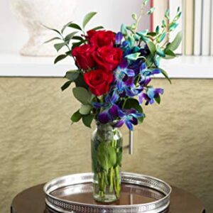 KaBloom Sapphire Red Bouquet of Fresh Red Roses and Exotic Blue Orchids with Vase