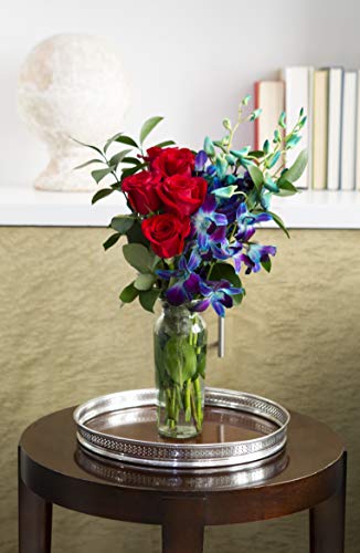 KaBloom Sapphire Red Bouquet of Fresh Red Roses and Exotic Blue Orchids with Vase