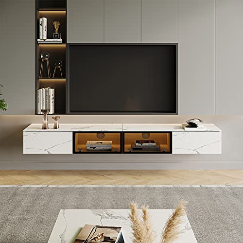 86" Modern Wall-mounted Entertainment Center, Floating TV Stand with 2 Storage Cabinet and 2 Drawers White Sintered Stone TV Console with Motion Sensor LED, Fully-assembled, for Living Room Bedroom