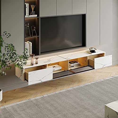 86" Modern Wall-mounted Entertainment Center, Floating TV Stand with 2 Storage Cabinet and 2 Drawers White Sintered Stone TV Console with Motion Sensor LED, Fully-assembled, for Living Room Bedroom