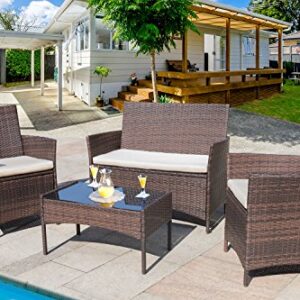 Homall Outdoor Indoor Use Backyard Porch Garden Poolside Balcony Sets Clearance Brown and Beige 4 Pieces Furniture