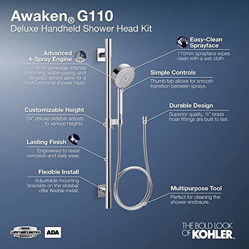 Kohler 99242-Y-2MB Awaken G110 Deluxe HANDSHOWER KIT, Vibrant Brushed Moderne Brass