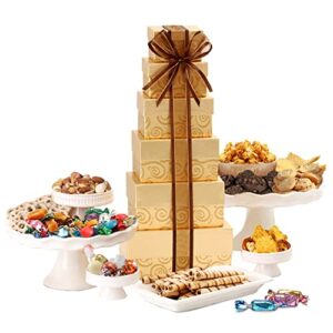 broadway basketeers gourmet food gift basket tower snack gifts for women, men, families, college – delivery for holidays, appreciation, thank you, congratulations, corporate, get well soon care package