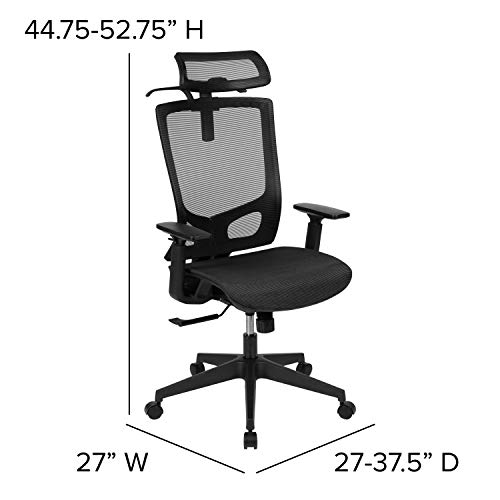 Flash Furniture Ergonomic Mesh Office Chair with Synchro-Tilt, Pivot Adjustable Headrest, Lumbar Support, Coat Hanger and Adjustable Arms in Black