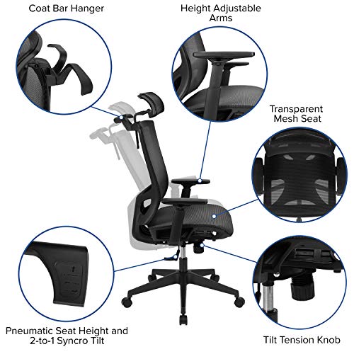 Flash Furniture Ergonomic Mesh Office Chair with Synchro-Tilt, Pivot Adjustable Headrest, Lumbar Support, Coat Hanger and Adjustable Arms in Black