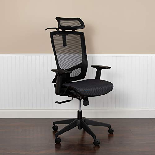 Flash Furniture Ergonomic Mesh Office Chair with Synchro-Tilt, Pivot Adjustable Headrest, Lumbar Support, Coat Hanger and Adjustable Arms in Black