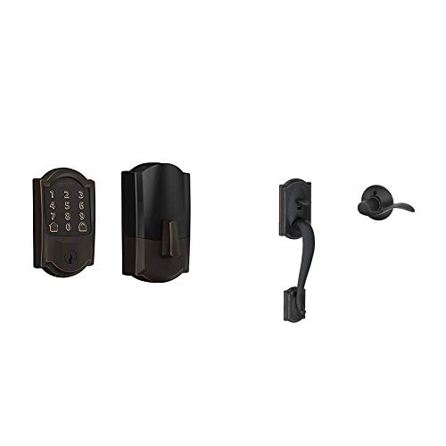 Schlage Encode Smart Wi-Fi Deadbolt with Camelot Trim in Aged Bronze & Schlage FE285 CAM 716 Acc LH Camelot Front Entry Handleset with Left-Handed Accent Lever, Lower Half Grip, Aged Bronze