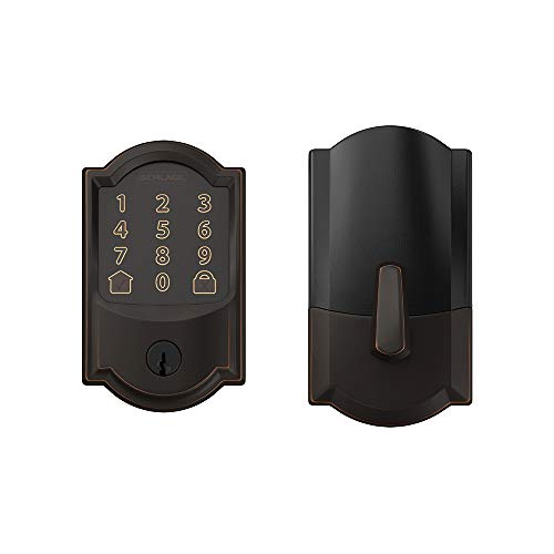 Schlage Encode Smart Wi-Fi Deadbolt with Camelot Trim in Aged Bronze & Schlage FE285 CAM 716 Acc LH Camelot Front Entry Handleset with Left-Handed Accent Lever, Lower Half Grip, Aged Bronze