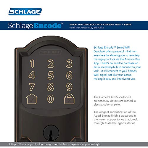 Schlage Encode Smart Wi-Fi Deadbolt with Camelot Trim in Aged Bronze & Schlage FE285 CAM 716 Acc LH Camelot Front Entry Handleset with Left-Handed Accent Lever, Lower Half Grip, Aged Bronze