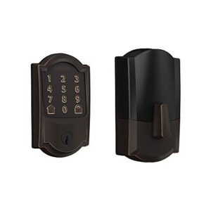 Schlage Encode Smart Wi-Fi Deadbolt with Camelot Trim in Aged Bronze & Schlage FE285 CAM 716 Acc LH Camelot Front Entry Handleset with Left-Handed Accent Lever, Lower Half Grip, Aged Bronze