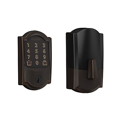 Schlage Encode Smart Wi-Fi Deadbolt with Camelot Trim in Aged Bronze & Schlage FE285 CAM 716 Acc LH Camelot Front Entry Handleset with Left-Handed Accent Lever, Lower Half Grip, Aged Bronze