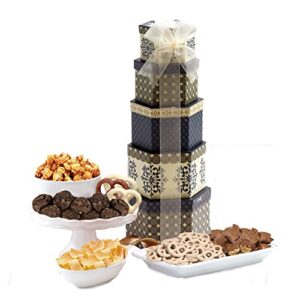 broadway basketeers gourmet food gift basket tower snack gifts for women, men, families, college – delivery for holidays, appreciation, thank you, congratulations, corporate, get well soon care package