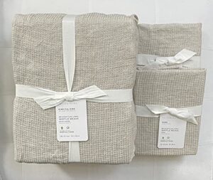 pottery barn belgian flax linen waffle duvet cover king/california king & two euro shams ~flax