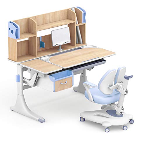 Multifunctional Liftable Children’s Study Table and Chair, Ergonomically Adjustable Children’s Table and Chair set Combination, Solid Wood Computer Desk With Bookshelves and Drawers