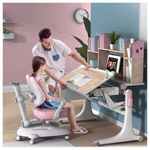 Multifunctional Liftable Children’s Study Table and Chair, Ergonomically Adjustable Children’s Table and Chair set Combination, Solid Wood Computer Desk With Bookshelves and Drawers