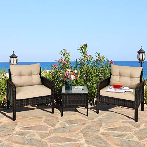 HAPPYGRILL 3-Pieces Patio Furniture Set Outdoor Rattan Wicker Coffee Table & Chairs Set with Seat Cushions Patio Conversation Set for Garden Balcony Backyard Poolside