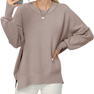 ANRABESS Women's Long Sleeve Oversized Crew Neck Solid Color Side Slit Knit Pullover Sweater A305hongxing-XS