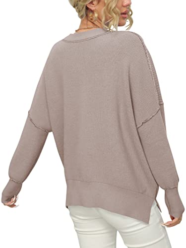 ANRABESS Women's Long Sleeve Oversized Crew Neck Solid Color Side Slit Knit Pullover Sweater A305hongxing-XS