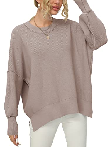 ANRABESS Women's Long Sleeve Oversized Crew Neck Solid Color Side Slit Knit Pullover Sweater A305hongxing-XS