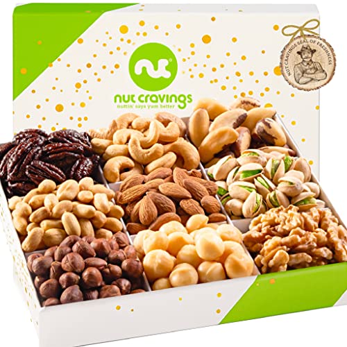 Mixed Nuts Gift Basket in White Gold Box (9 Assortments) Purim Mishloach Manot Gourmet Food Bouquet Arrangement Platter, Birthday Care Package, Healthy Kosher Snack Tray, Her Him Women Men