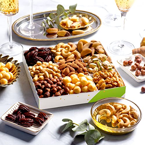 Mixed Nuts Gift Basket in White Gold Box (9 Assortments) Purim Mishloach Manot Gourmet Food Bouquet Arrangement Platter, Birthday Care Package, Healthy Kosher Snack Tray, Her Him Women Men