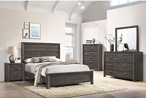 Rustic Style Grayish Brown 4pc King Size Bed Dresser Mirror Nightstand Set Solid Wood Master Bedroom Furniture