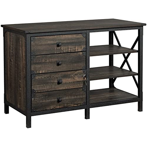 Sauder Steel River Industrial Metal & Wood Credenza with Drawers, Carbon Oak Finish