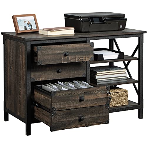 Sauder Steel River Industrial Metal & Wood Credenza with Drawers, Carbon Oak Finish