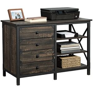 Sauder Steel River Industrial Metal & Wood Credenza with Drawers, Carbon Oak Finish