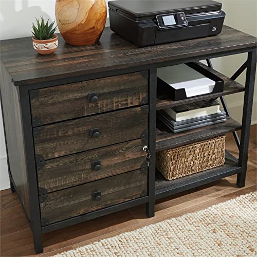 Sauder Steel River Industrial Metal & Wood Credenza with Drawers, Carbon Oak Finish