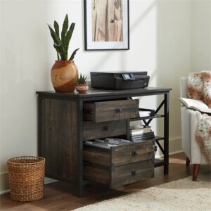 Sauder Steel River Industrial Metal & Wood Credenza with Drawers, Carbon Oak Finish